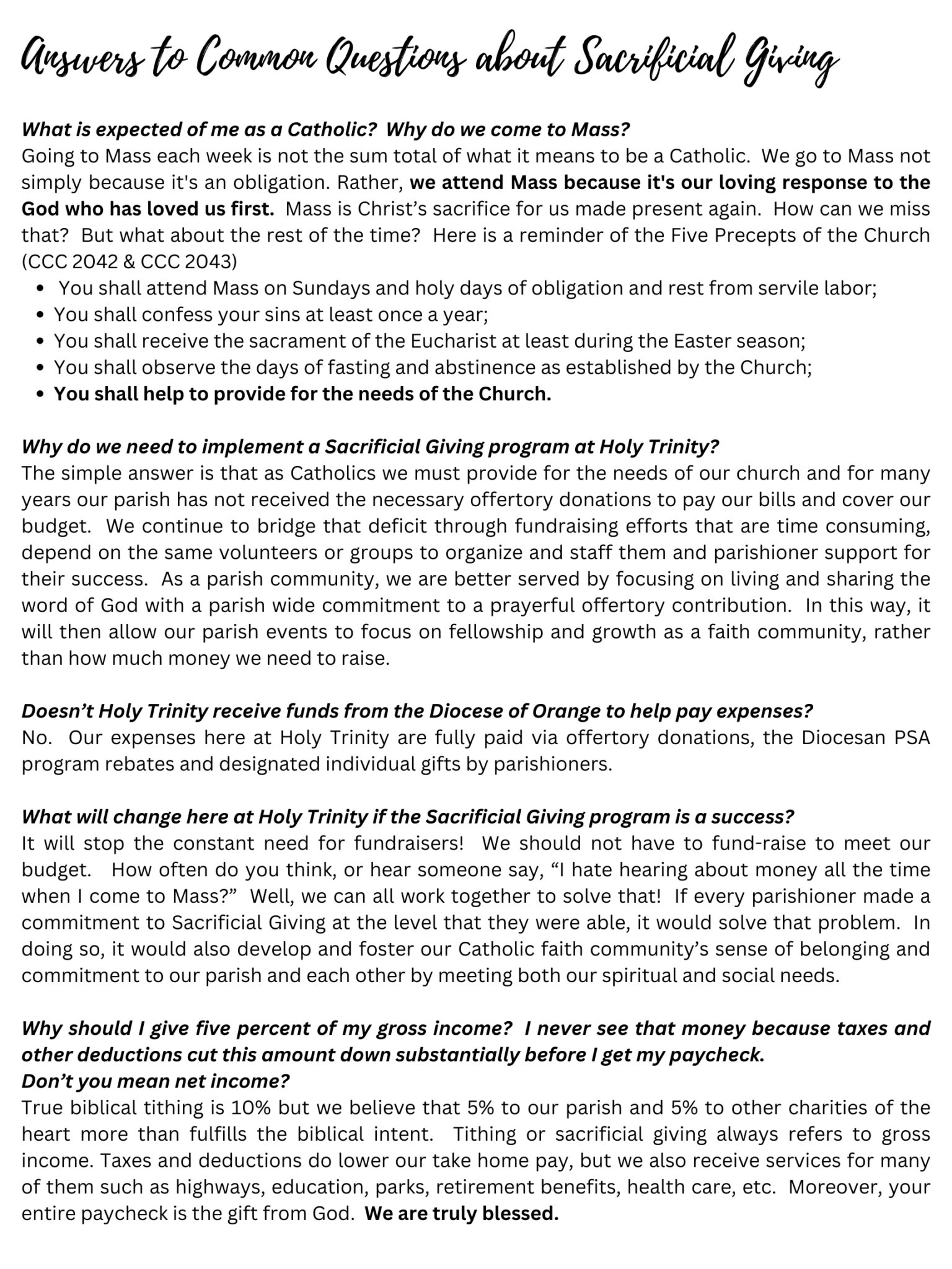 Sacrificial Giving - Holy Trinity Catholic Church